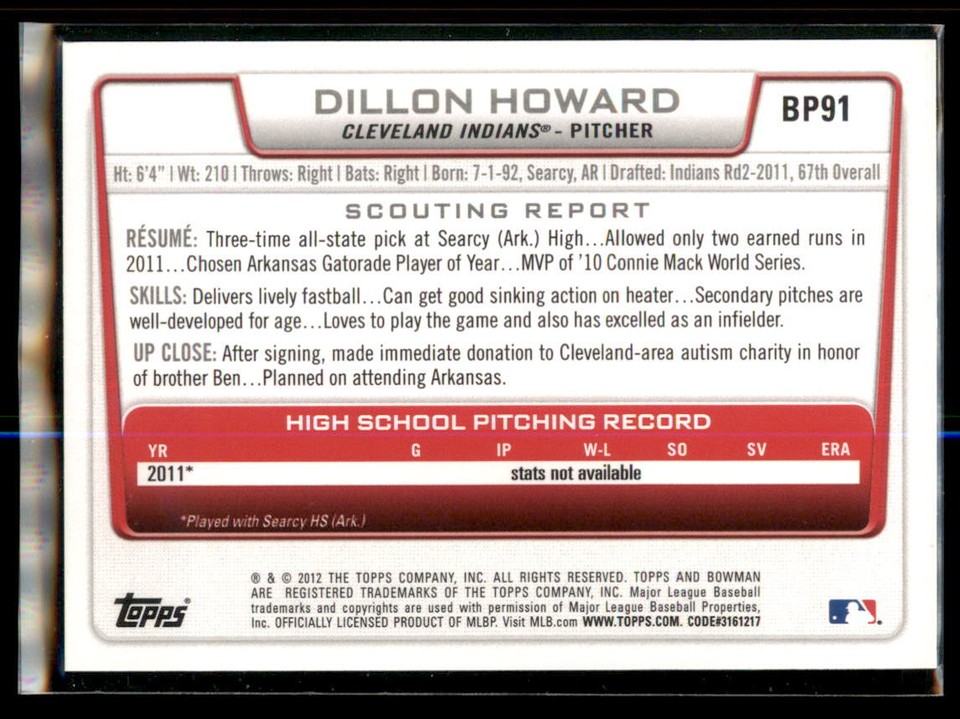 2012 Bowman Prospects Dillon Howard #BP91 Cleveland Indians | eBay