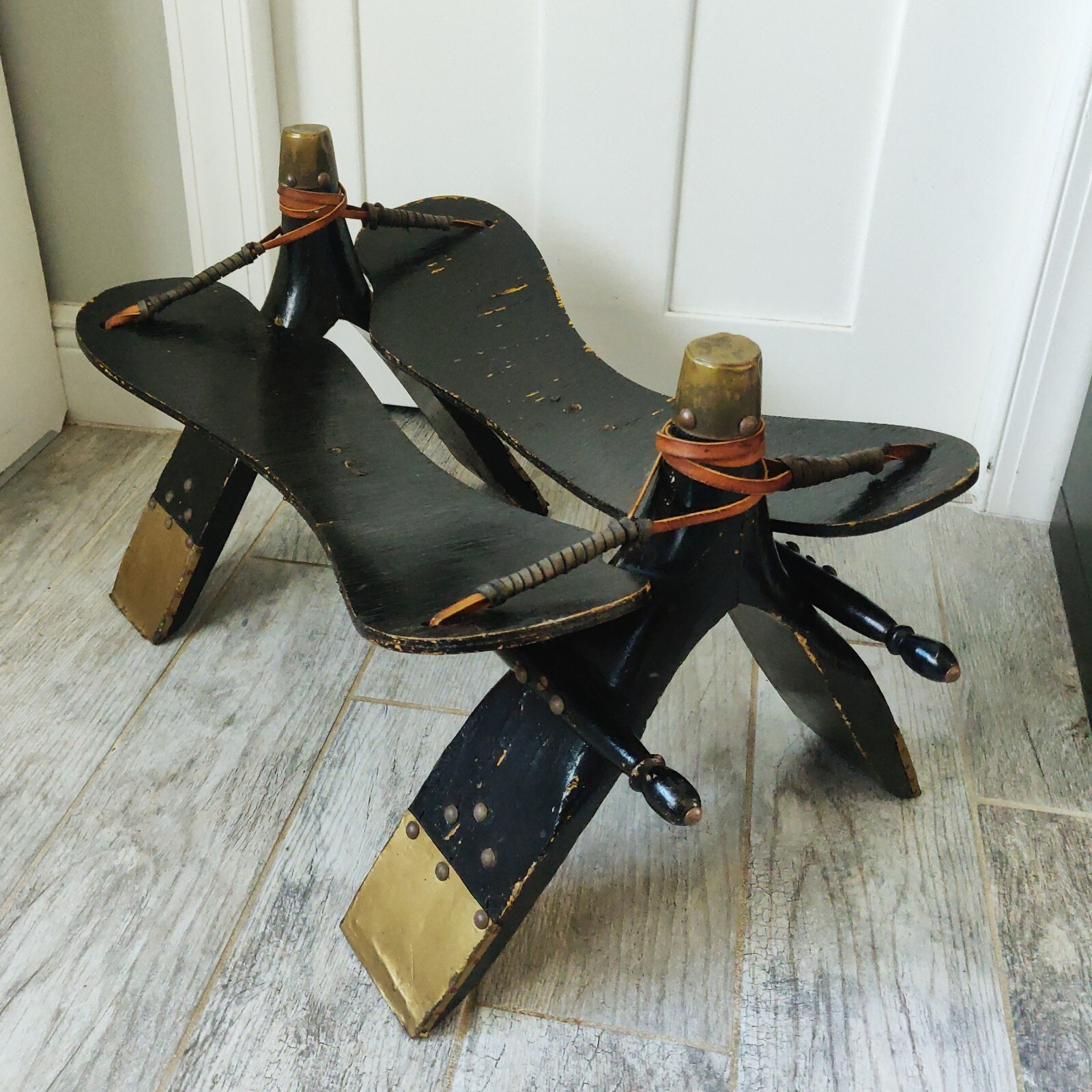 Vintage Wooden Egyptian Camel Saddle Foot Stool Brass Studs Rawhide ...