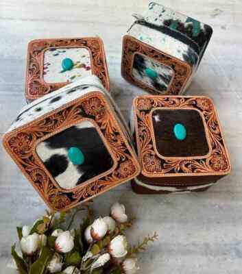 A Cowhide and Leather tooled Jewelry Box turquoise stone turquoise box ...