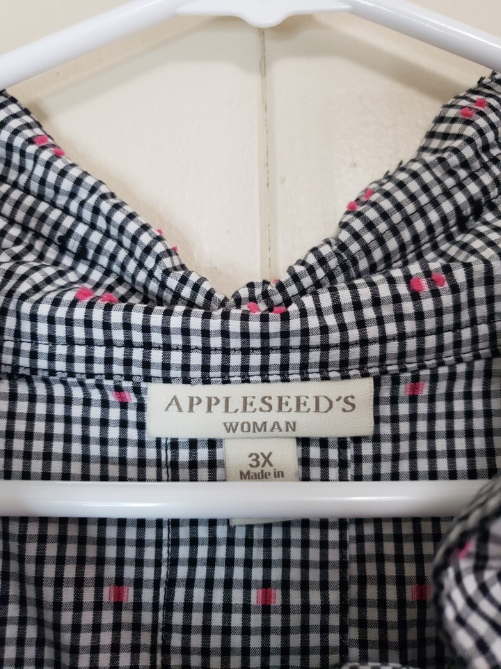 Appleseeds Womens Plus 3X Popover Blouse Button Neck Check 100% Cotton ...
