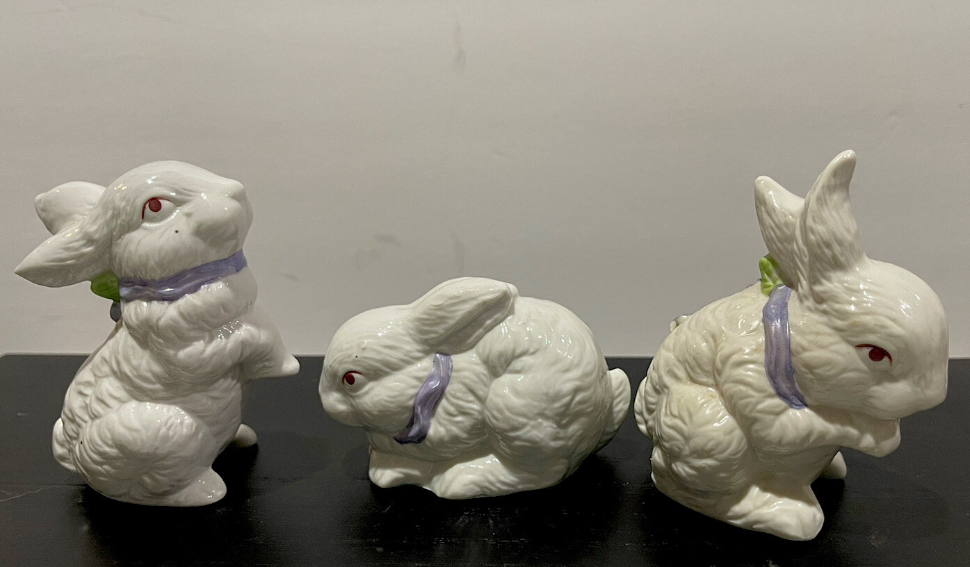 Vintage Porcelain Rabbit Figurines 3 Adorable Bunnies, Rose ribbon hand ...