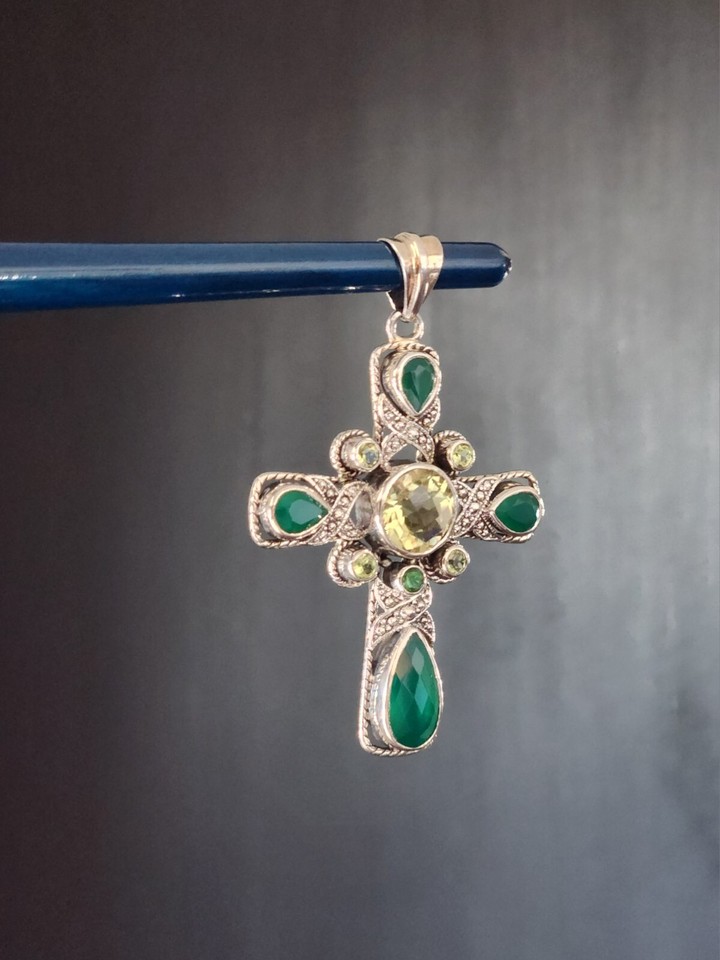 Nicky Butler Sterling Silver 925 Cross Pendant NB Green Chalcedony ...