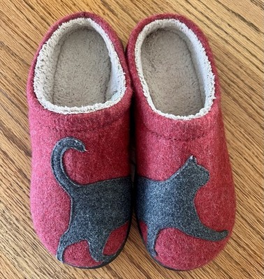 L.L. Bean Daybreak Scuffs Motif Cat Slippers Red Wool Felt Womens Size ...