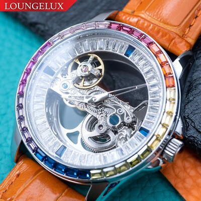 Mens Silver Automatic Mechanical Watch Bridge Rainbow Cubic Orange ...