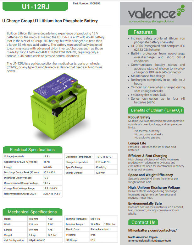 Valence U-Charge U1-12RJ LifePo4 Battery 12V 40Ah 512wh - Fully tested ...