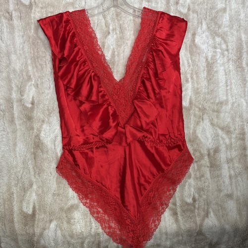 Vintage Lily Of France Red Hot Teddy Satin Lace Ruffles Bodysuit Romper ...