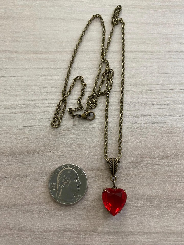 Red Rhinestone Heart Necklace 24" Antique bronze Chain | eBay