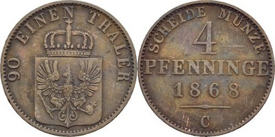 Preußen 4 Pfennig 1868 C Wilhelm I., 1861 - 1888 5,9g Original Münze # ...