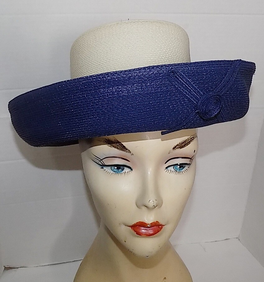 Vintage Blue White Woven Straw Turned Up Brim Hat Jac… - Gem