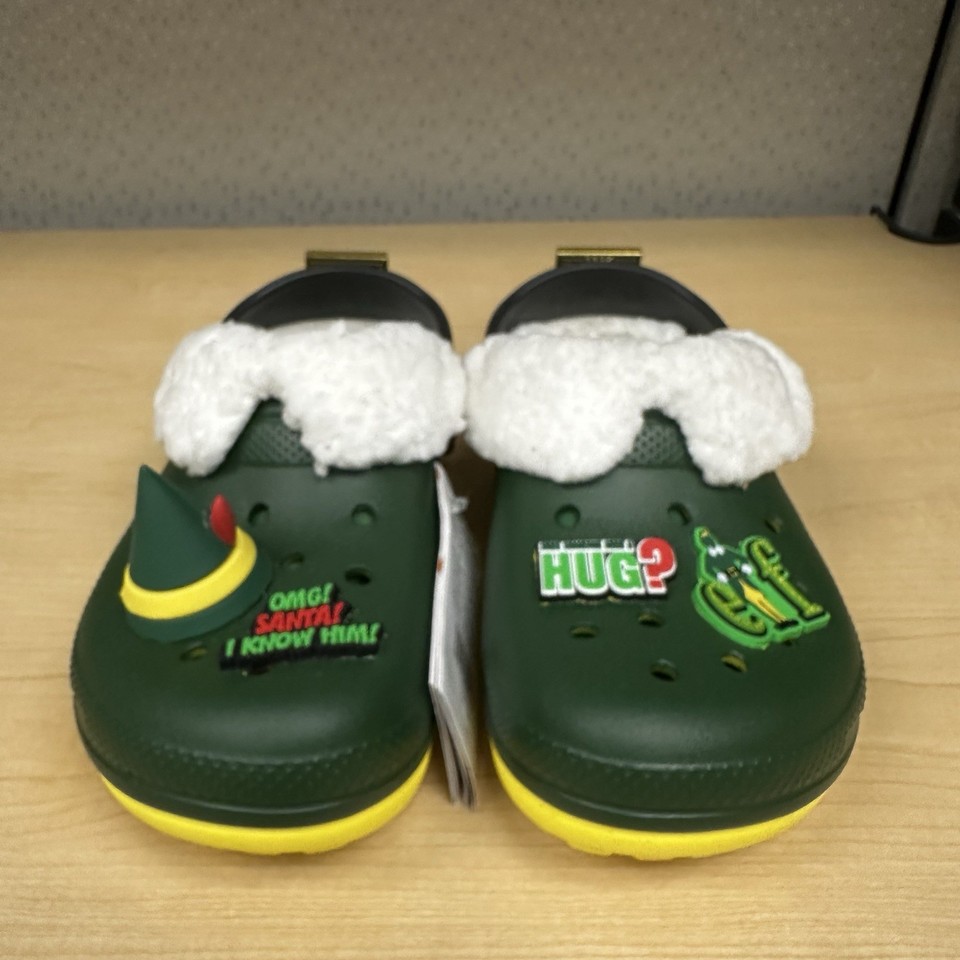 NEW Youth Buddy The Elf Crocs Fleece Lined Green Christmas Clogs Sz J 2 ...