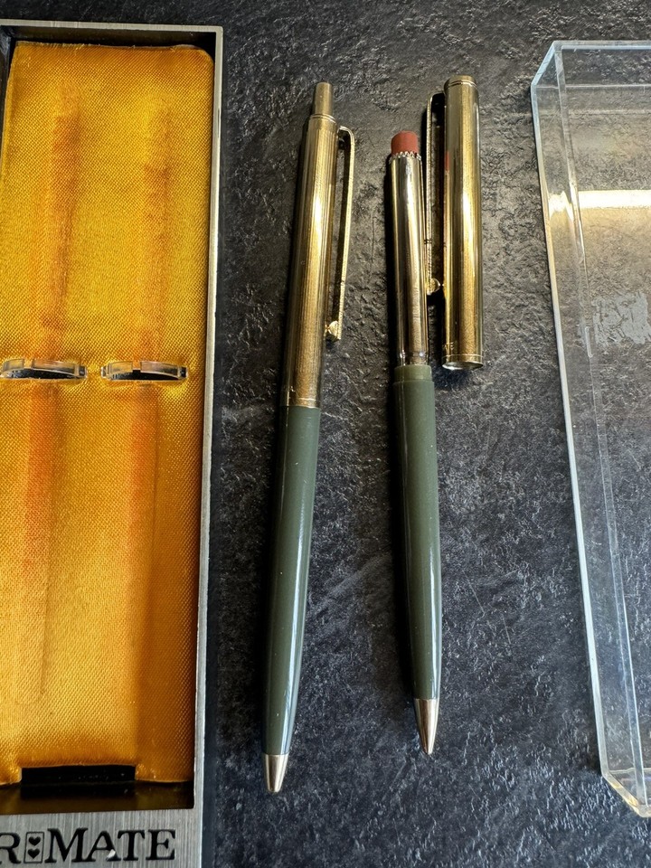 PAPER MATE vintage Talisman Set Green And Gold Ballpoint Pen And Pencil ...
