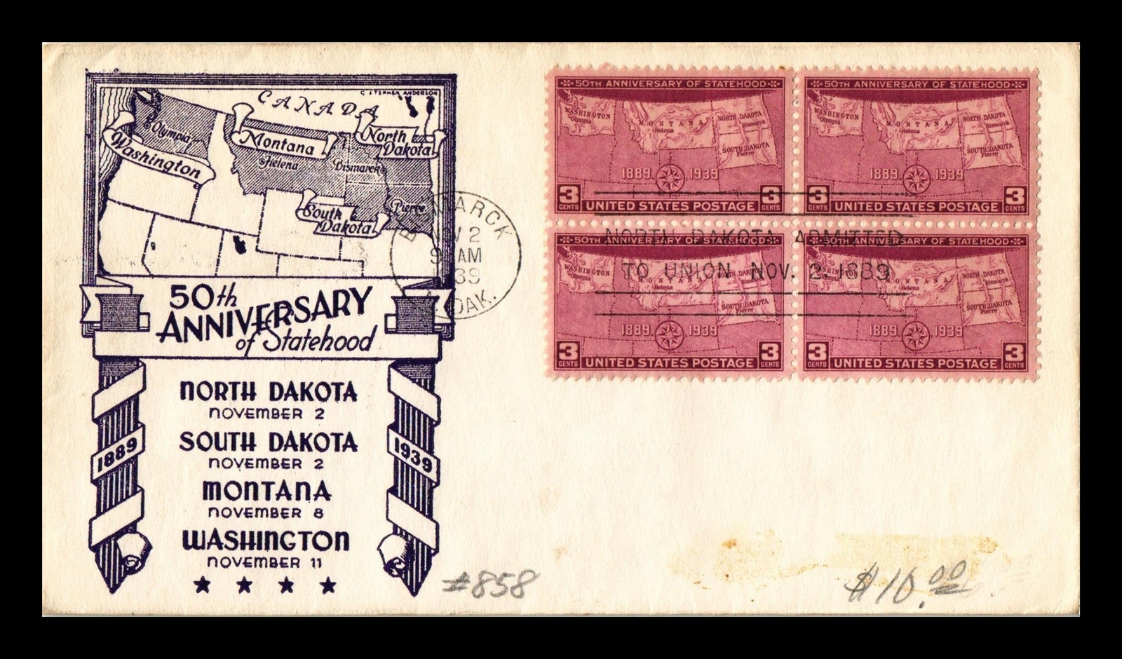 US COVER STATEHOOD 50TH ANNIVERSARY FDC SCOTT 858 BLOCK OF 4 ANDERSON ...