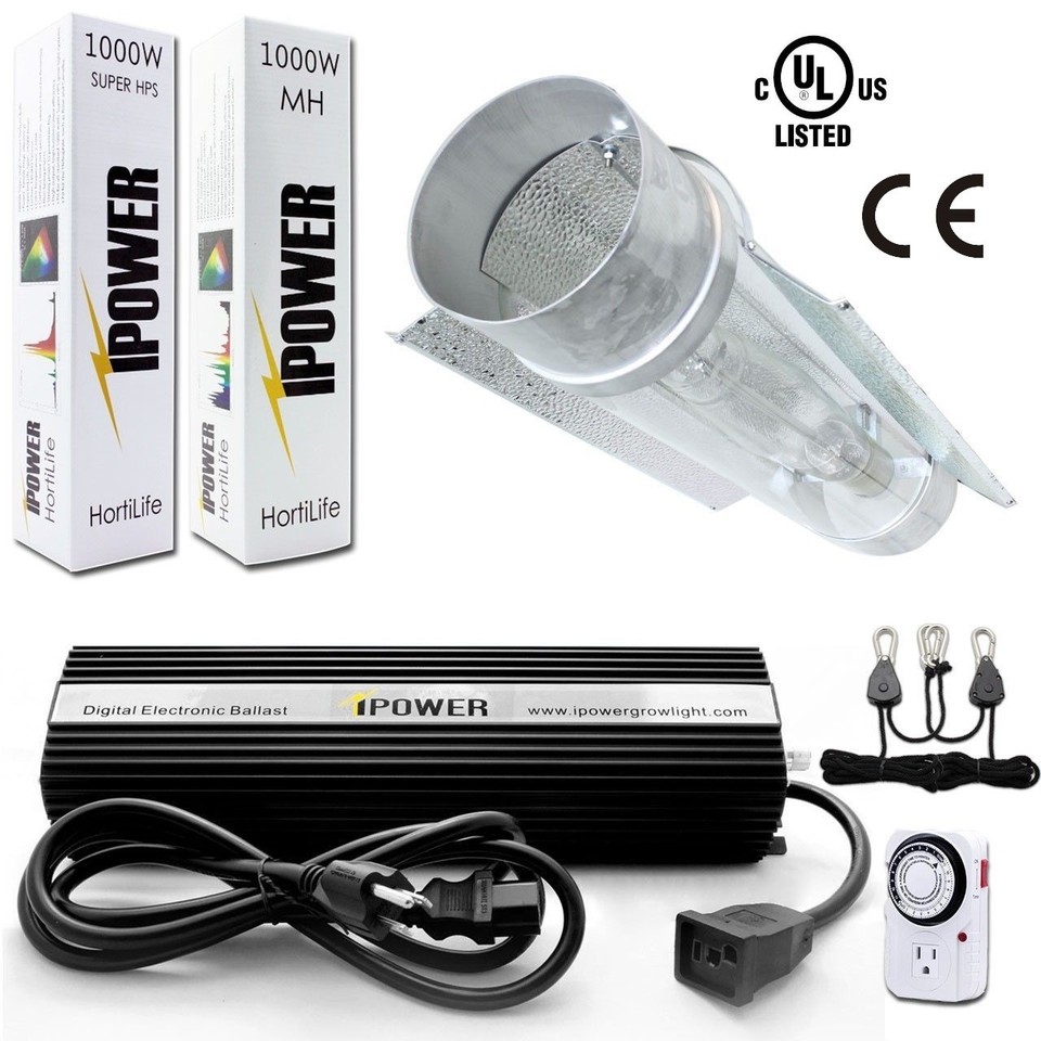 iPower 1000W HPS MH Grow Light System Kit Cool Tube Hood Wing Reflector ...