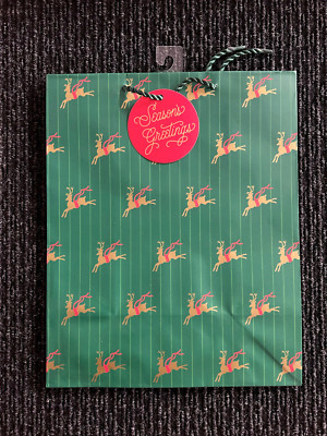 HALLMARK INSPIRATONS GOLD PRANCING DEER ON GREEN HOLIDAY GIFT BAG 13" X ...