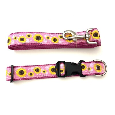 NWOT Preston Nylon Pink Sunflower Medium Dog Collar And 6ft/1.75” Leash ...