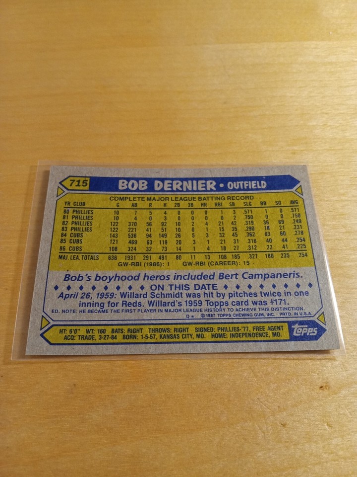 1987 Topps #715 BOB DERNIER Chicago Cubs Baseball Card, Outfielder ...