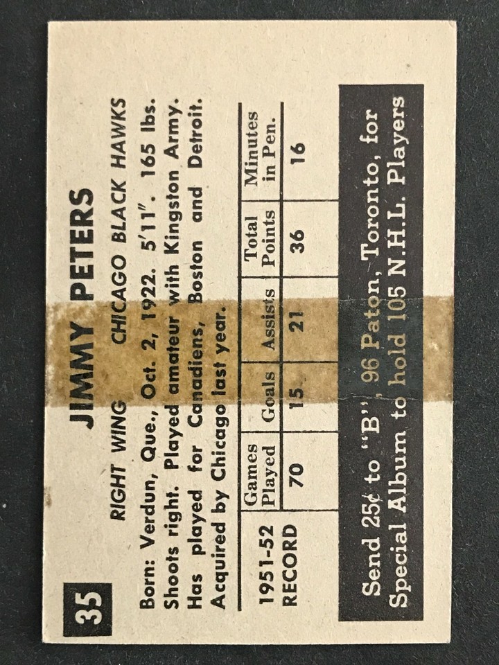 JIMMY PETERS 1952-53 PARKHURST NO 35 VG+ 64277 | eBay