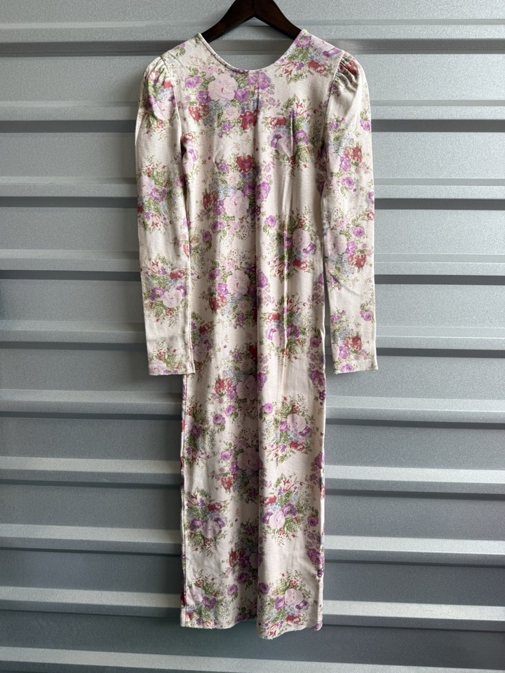 LoveShackFancy Lisa Floral Pink Purple Midi Ribbed Stretch Long Sleeve ...