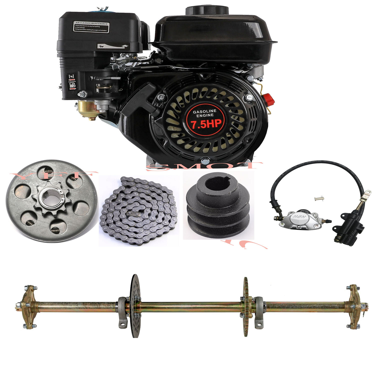 210cc 7HP Petrol Engine 4 Stroke Gasoline Engine Set + 32" Gokart Rear ...