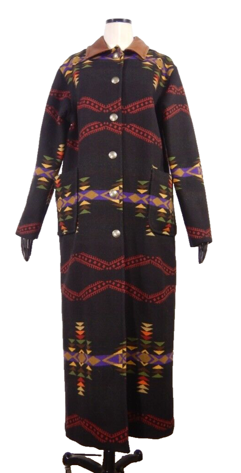 Vintage Pendleton Blanket Coat Maxi Jacket Duster Leather Collar Size ...