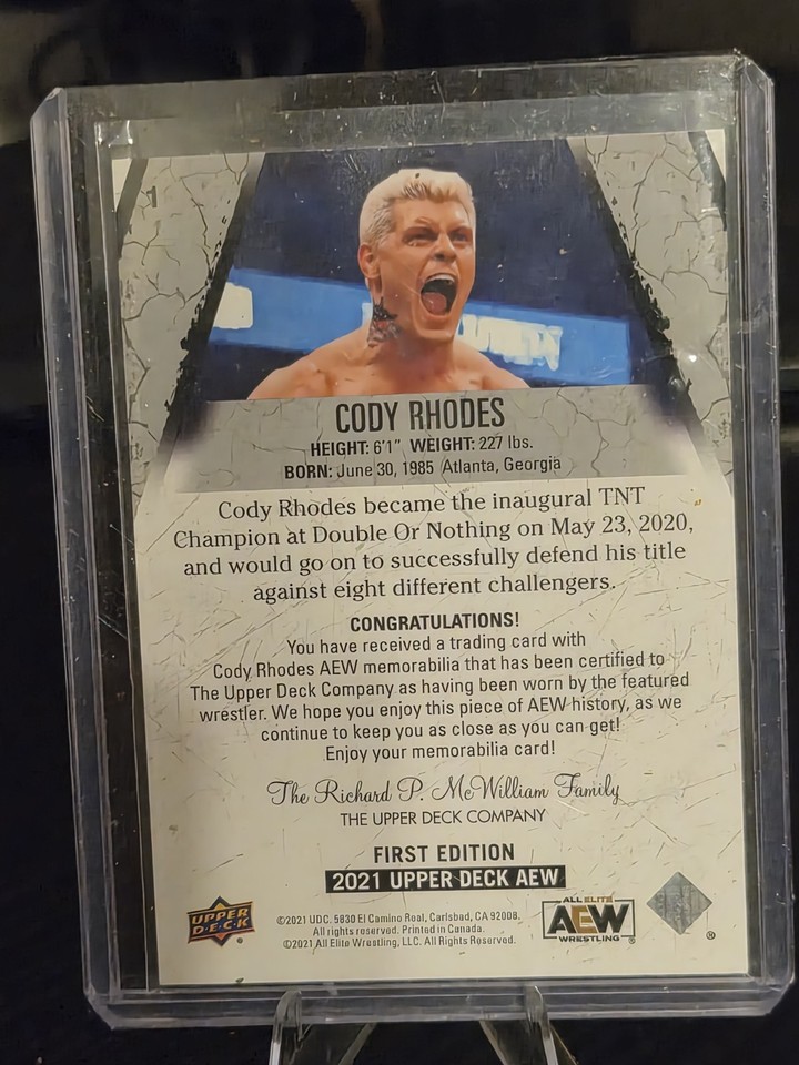 2021 Upper Deck AEW All Elite Wrestling Cody Rhodes #1 Relic/Patch Card ...