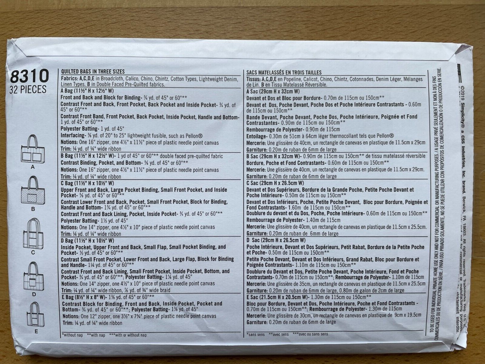 New Simplicity 8310 Sewing Pattern Quilted Bags in 3 Sizes | eBay