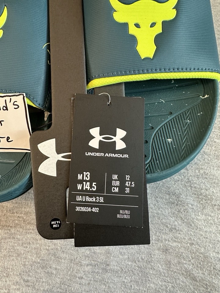 Under Armour Men’s Sz 13 Project Rock 3 Slides Hydro Teal Yellow ...