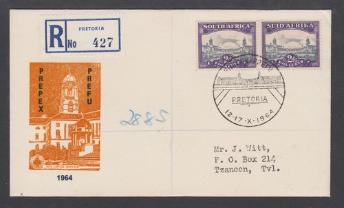 South Africa Sc 55, 2p Buildings pair on Registered 1964 PREPEX cover ...