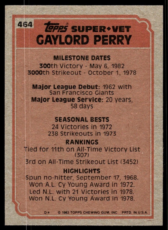1983 Topps Gaylord Perry San Francisco Giants/Seattle Mariners #464 | eBay