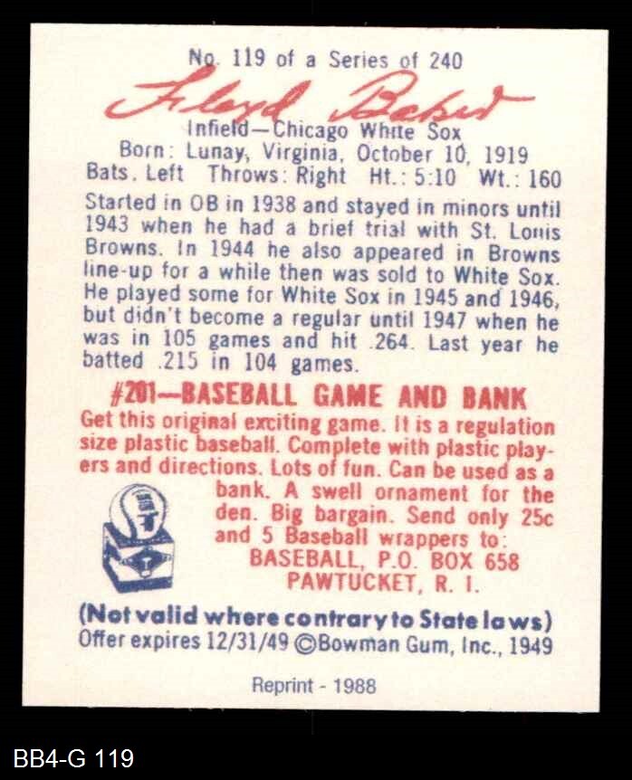 1949 Bowman REPRINT #119 Floyd Baker White Sox RC 8 - NM/MT | eBay