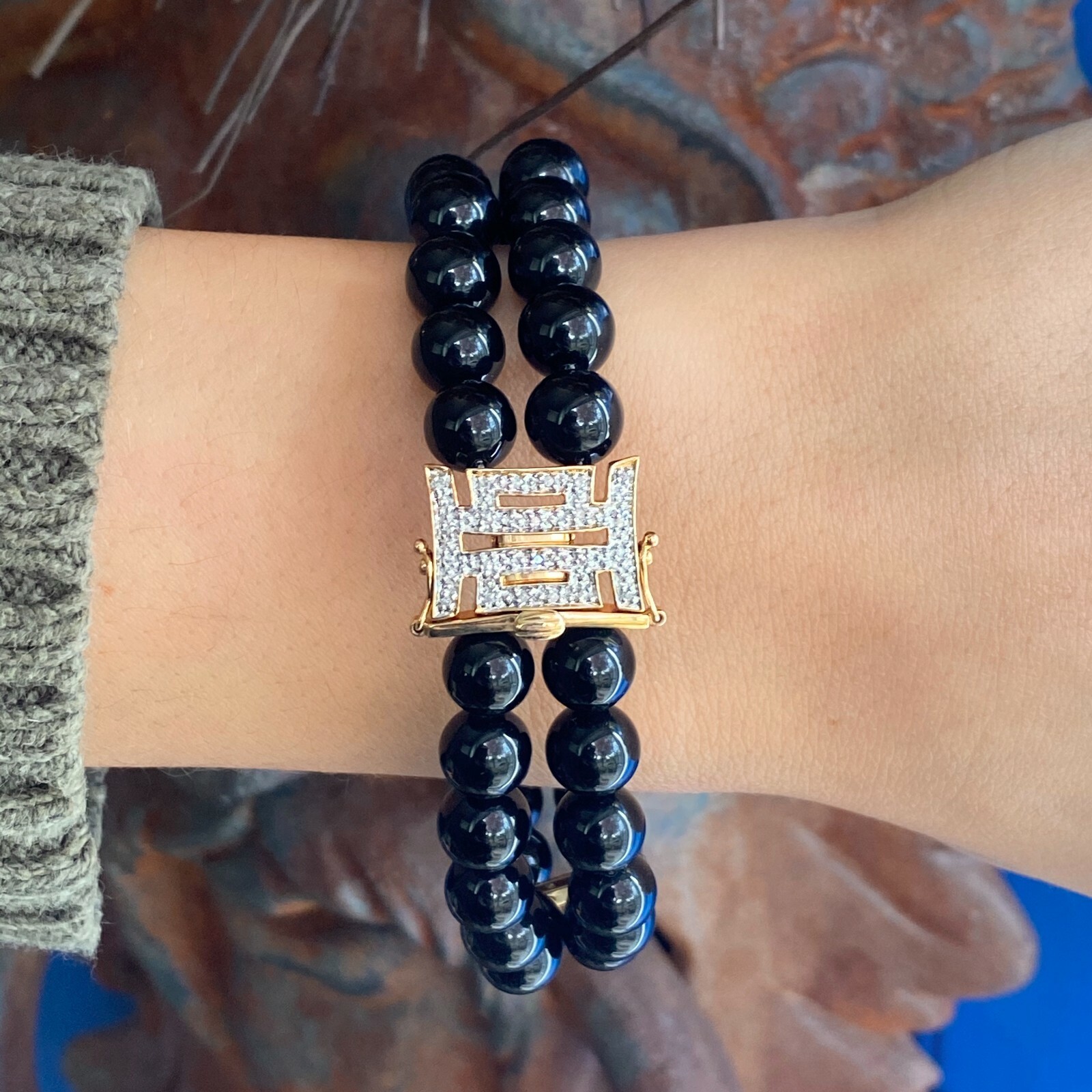 14KT White Gold + Yellow Gold Diamond + Black Onyx 2-Row Beaded ...