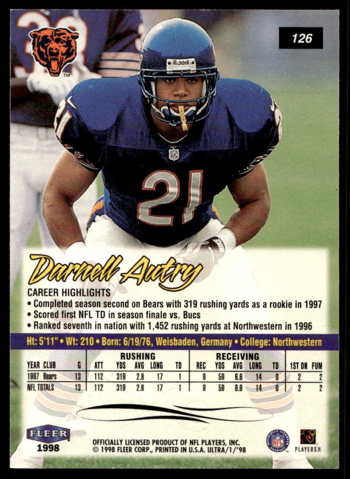 1998 Ultra 126 Darnell Autry Chicago Bears Football Card | eBay