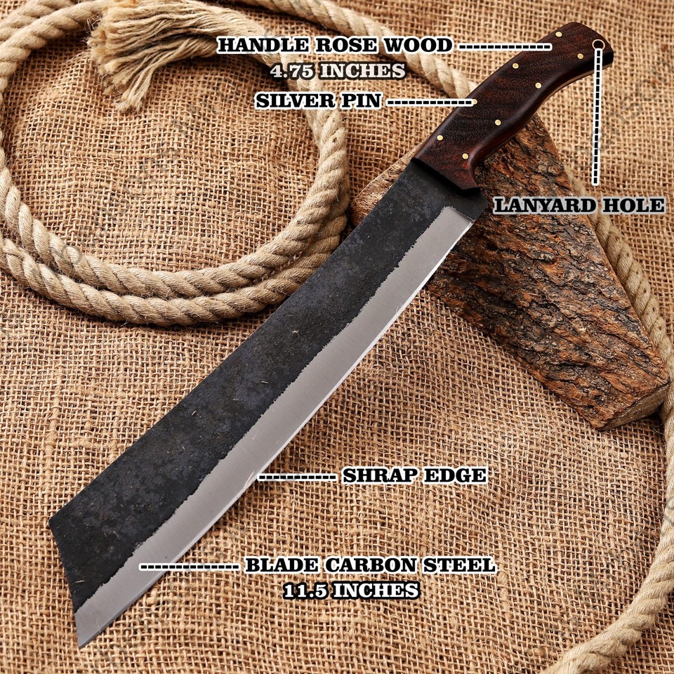 Carbon Steel Machete Full Tang Thick Sharp Blade Wood Handle Sheath 16. ...