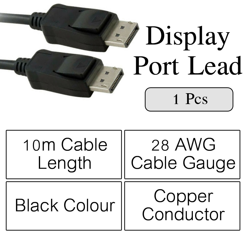 1x 10M LENGTH PRO 2 LEAD DISPLAYPORT LEAD PLUG TO PLUG 4K@60HZ VER1.2 ...
