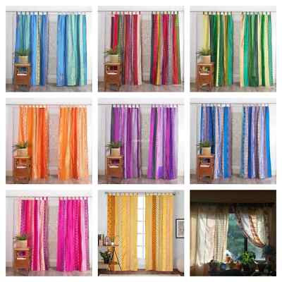 2 Pcs Indian Sari Patchwork Curtain Drape Window Decor Multi Silk Sari ...