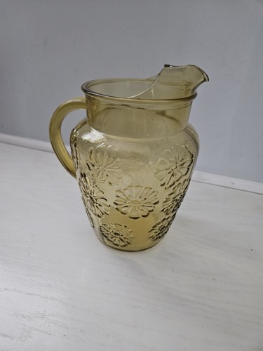 Mid-Century Anchor Hocking Spring Song Amber Tea Pitcher Daisy Flower ...