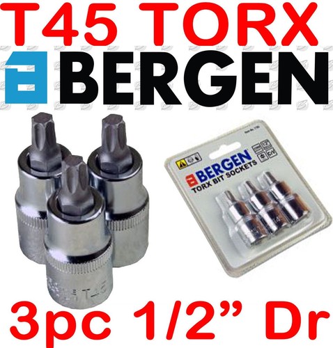 3pc T45 TORX BIT SET 1/2"dr Star Bit Set T45 TORX Socket Set Chrome ...