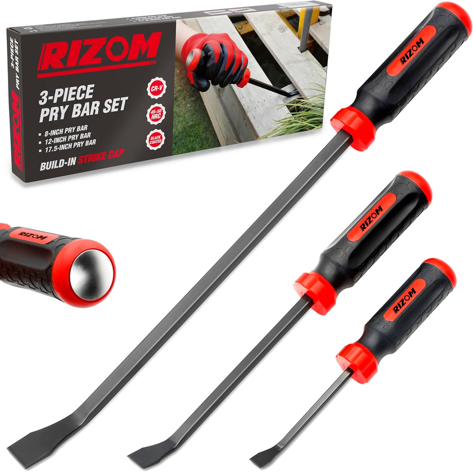 Rizom Pry Bar Set, 3-Piece Pry Bar with Strike Cap Handle, Angled Tip ...