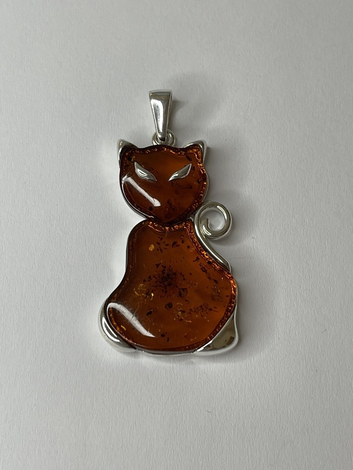Baltic AMBER Stone CAT Pendant.COGNAC AMBER Cat PENDANT with Sterling ...