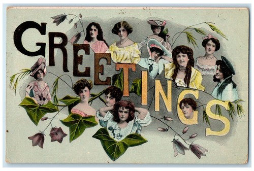 1908 Greetings Large Letter Womens Ivy Leaf Stockbridge MA Antique ...