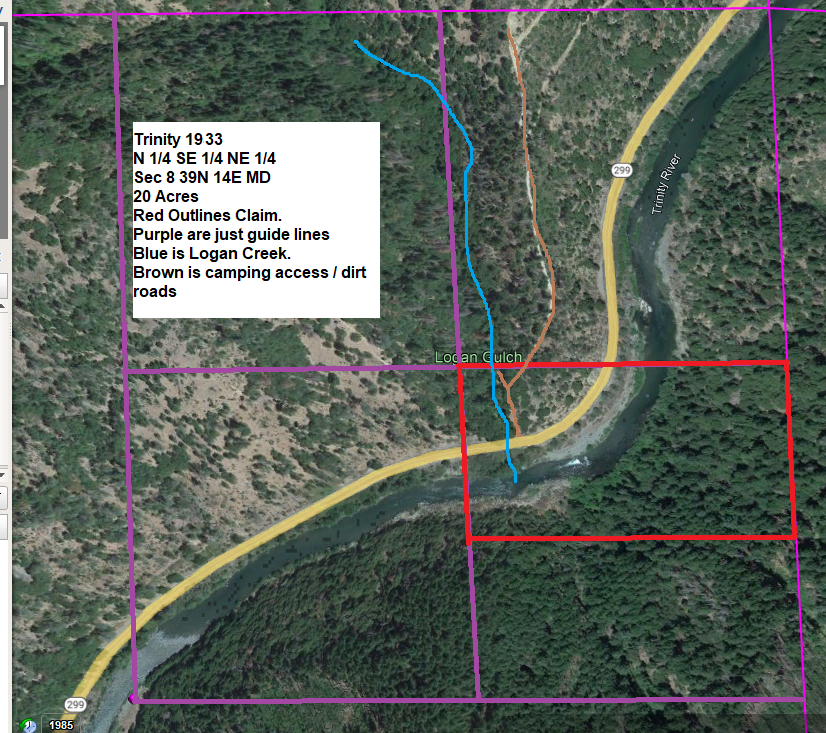 GOLD MINING CLAIM 20 Acres Trinity River CALIFORNIA Camp Pan fish mine ...