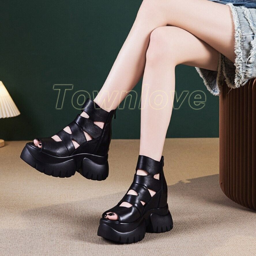 Gladiators Women Genuine Leather Open Toe Platform Wedge Sandals Ankle ...