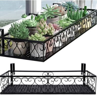 Set of 2 Brown Metal Railing Window Box Balcony Plant Tray Hangers with ...