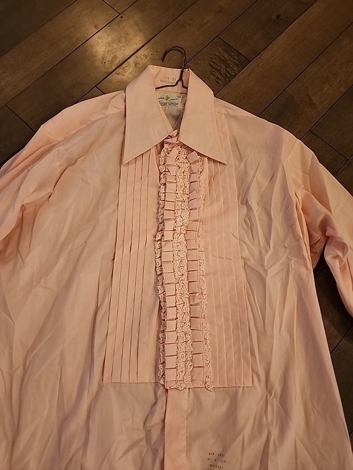 VINTAGE 1970s PINK Ruffle Tuxedo Shirt Lion of Troy Disco 16 1/2 | eBay