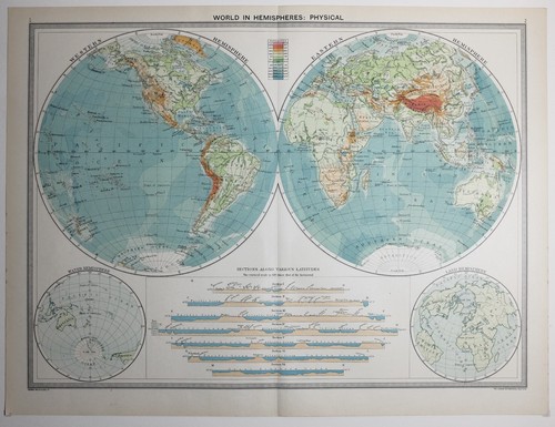 1920 LARGE MAP WORLD IN HEMISPHERES WATER & LAND EUROPE AFRICA AMERICAS ...