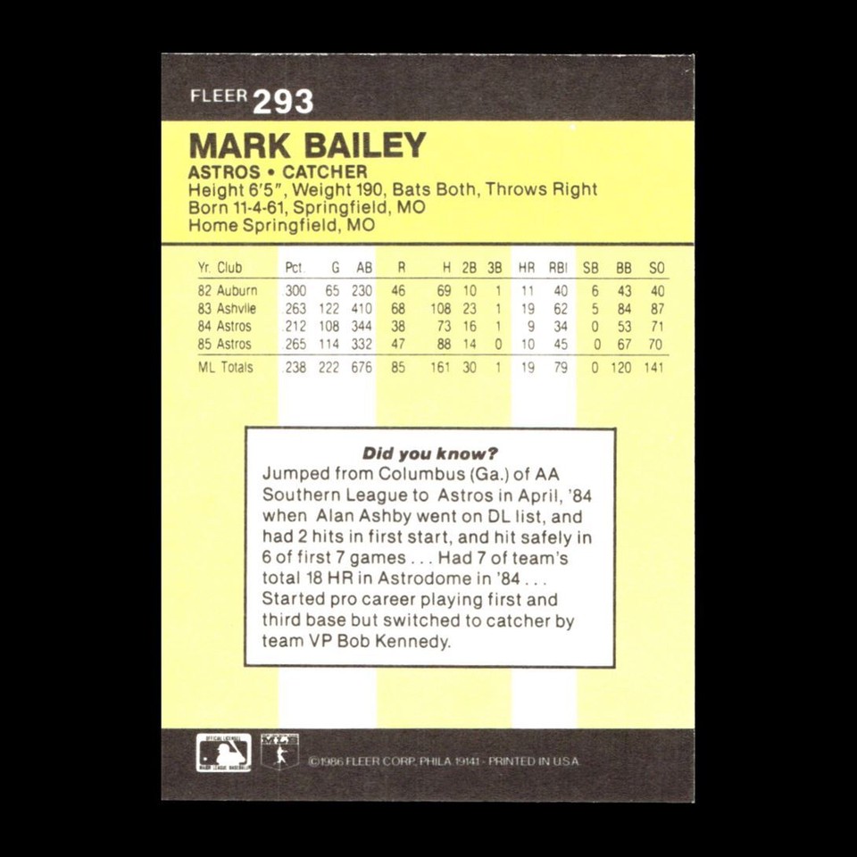 Mark Bailey 1986 Fleer Houston Astros #293 R318F 93 | eBay