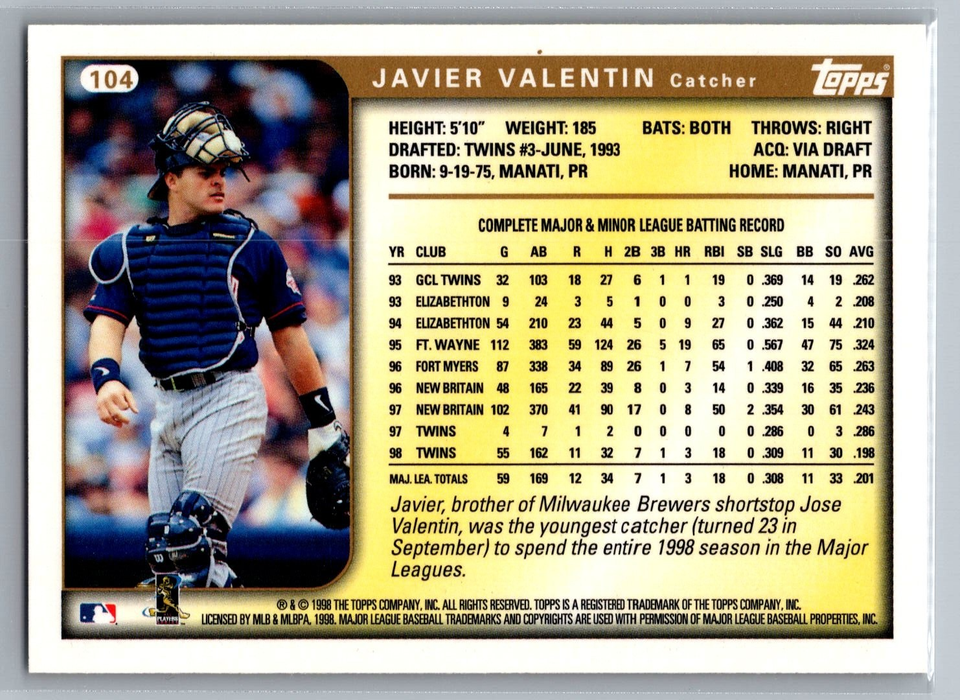 1998 TOPPS CARD # 104 Javier Valentin - Minnesota Twins | eBay