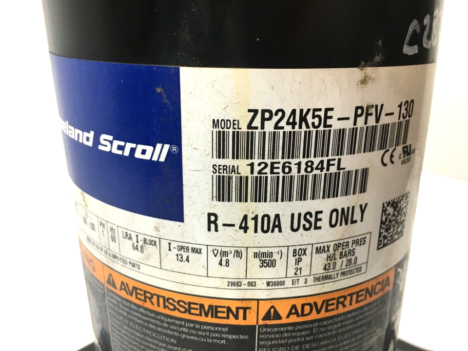 Copeland ZP24K5E-PFV-130 2 Ton Scroll Compressor R410A 208/230V 1 PH ...
