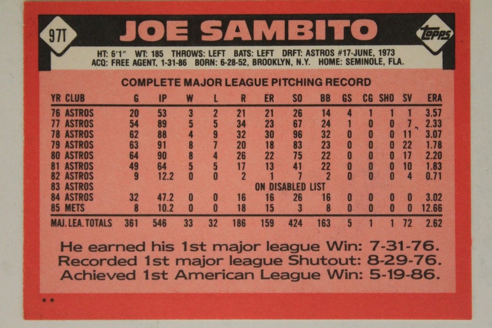 JOE SAMBITO Red Sox Astros Mets Autograph 1986 TOPPS #97T Signed Card ...