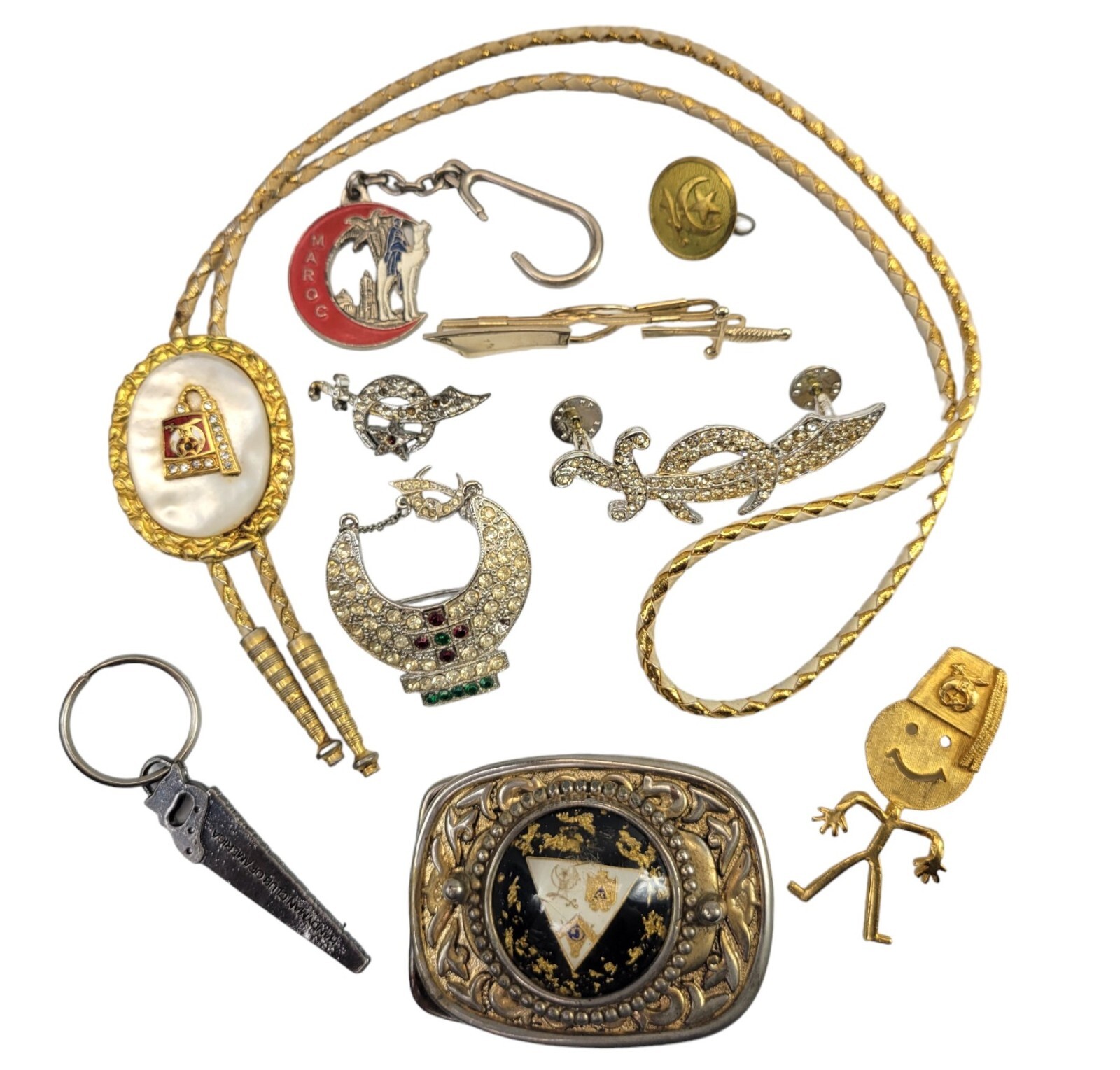 Vtg Shriner LOT- Belt Buckles Bolo Pins Button Keychains Initiation Tie ...